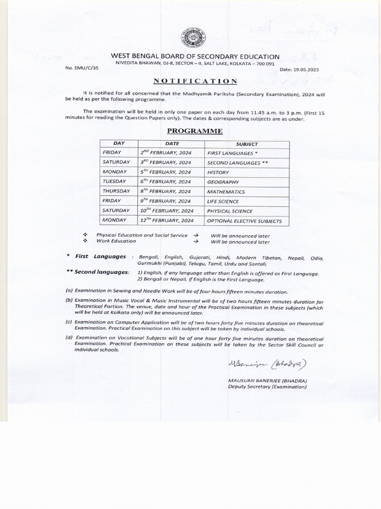 West Bengal Madhyamik Routine 2024 | PDF
