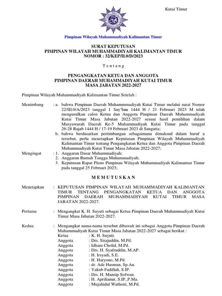 Pengangkatan Pimpinan Muhammadiyah Kutai Timur | PDF