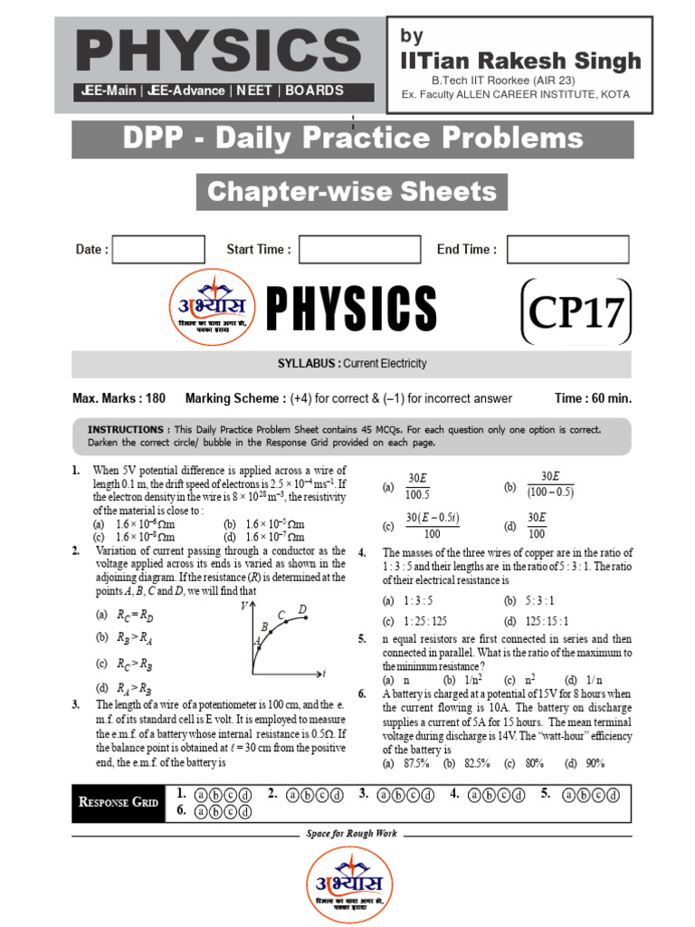 DPP 17 Current Electricity | PDF | Electrical Resistance And Conductance | Electrical ...