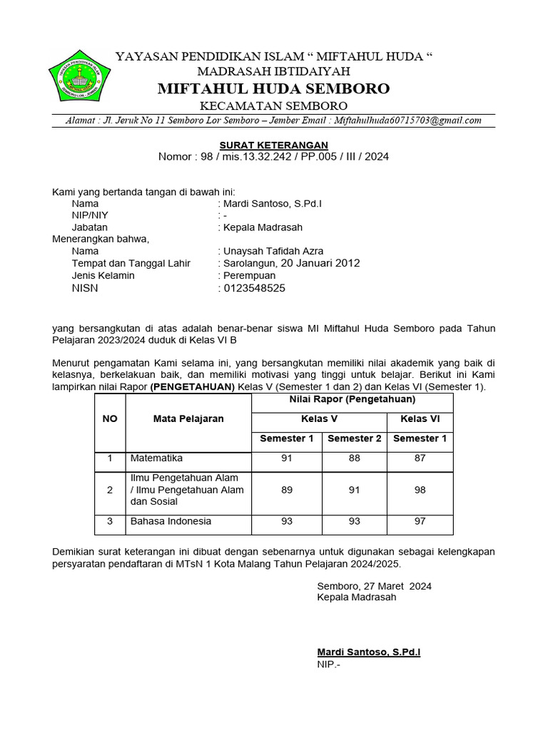 Surat Keterangan Rekapitulasi Nilai Rapor PPDB 2024-2025 | PDF