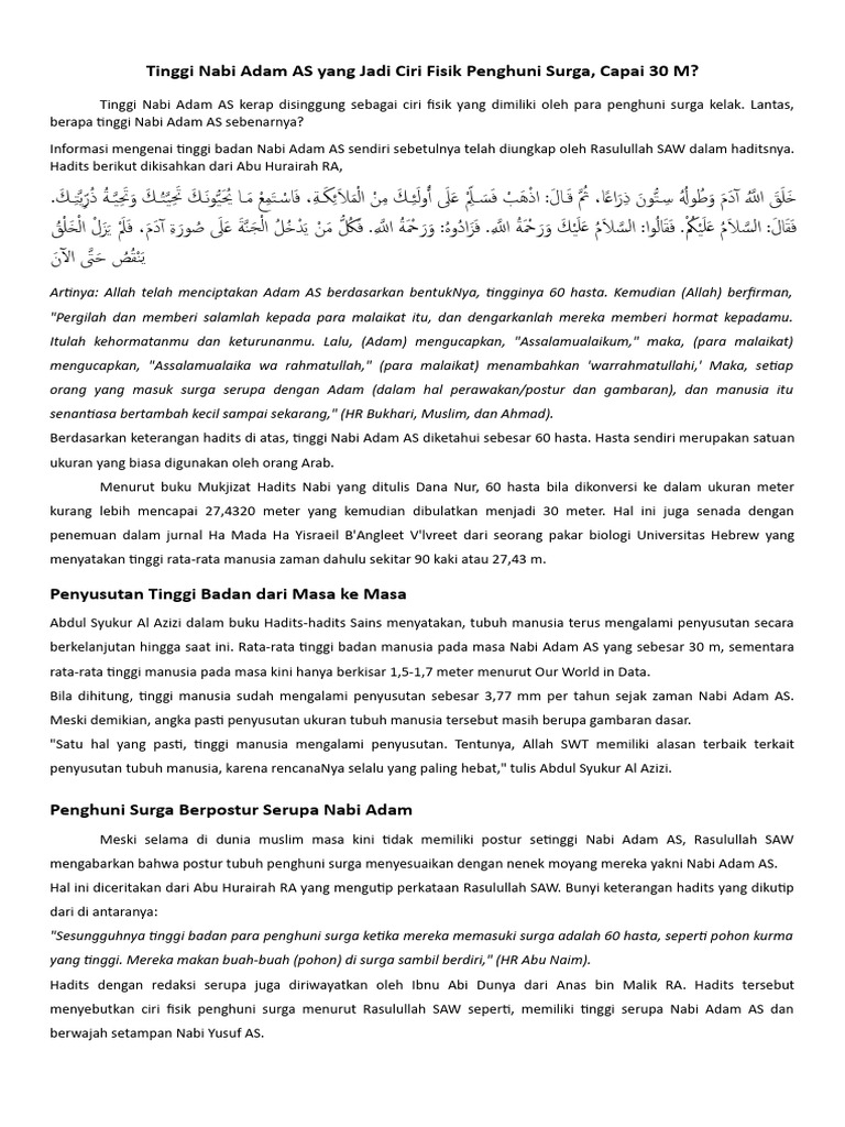 Tinggi Nabi Adam AS: 30 Meter? | PDF
