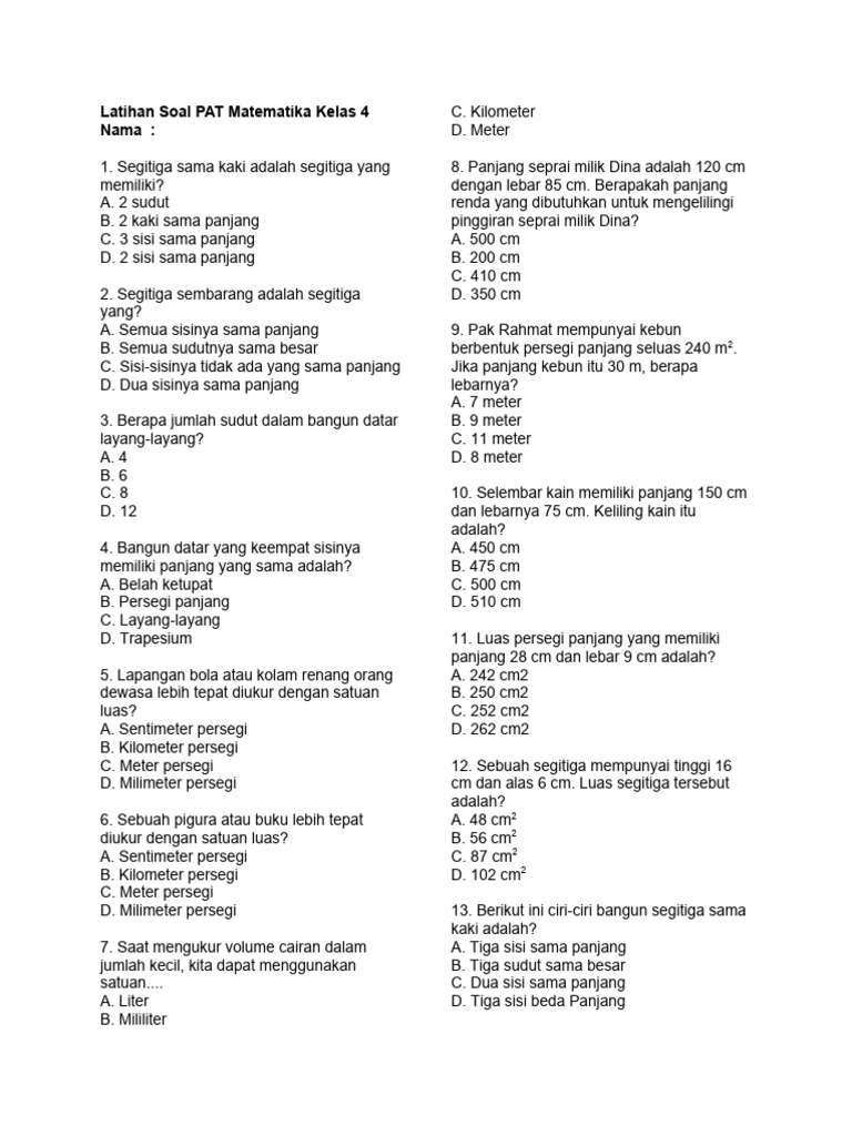 Latihan Soal PAT Matematika Kelas 4 | PDF