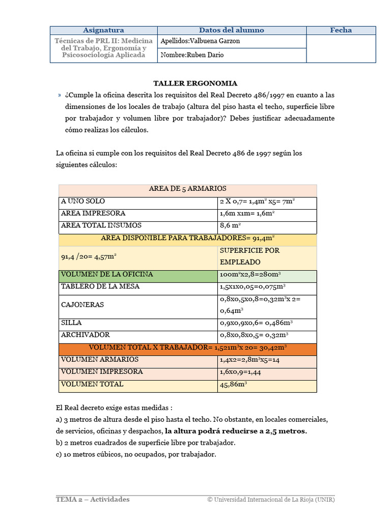 Valbuena Garzon Ruben Dario Técnicas de PRL II Medicina Del Trabajo, Ergonomía y Psicosociología ...
