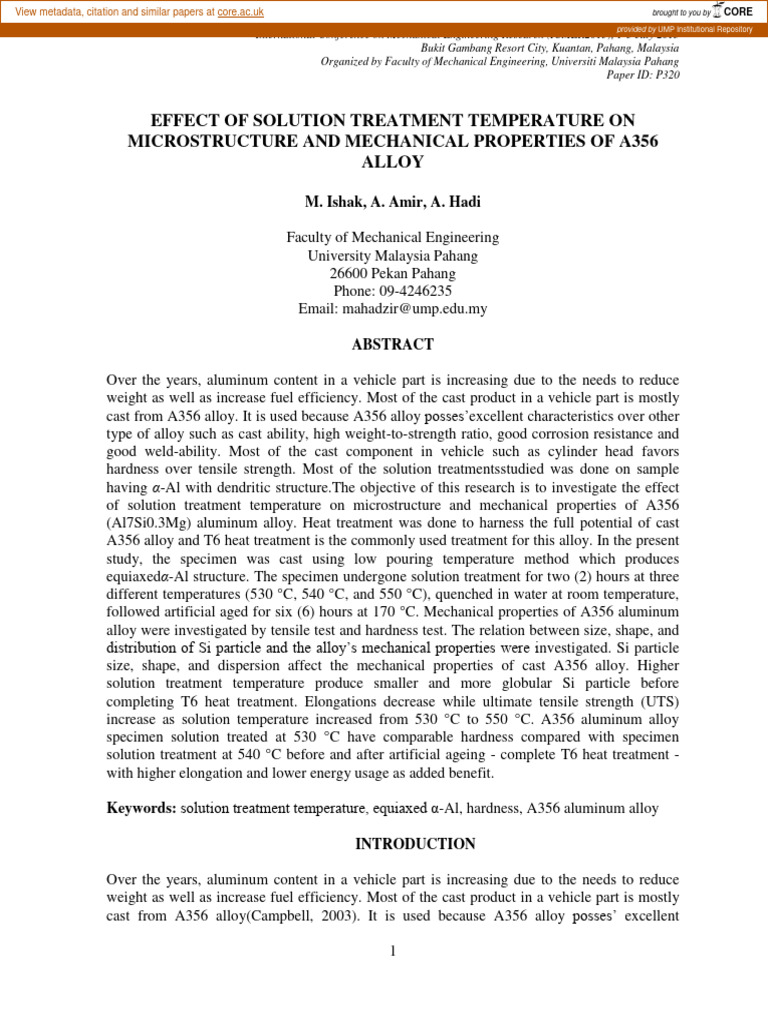 Effect of Solution Treatment Temperature On Microstructure and Mechanical Properties of A356 ...