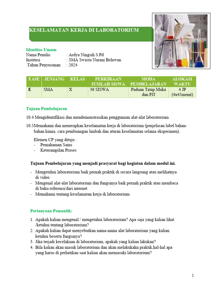 Kimia Kelas X Materi Keselamatan Kerja Di Laboratorium Pdf