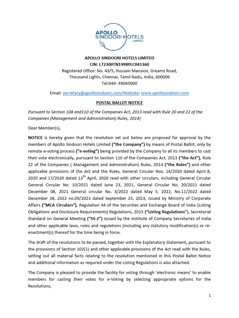 Apollo Sindoori Hotels Postal Ballot Notice | PDF | Electronic Voting ...