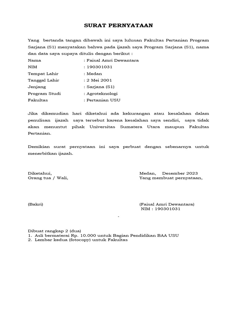 Surat Pernyataan Penulisan Ijazah | PDF