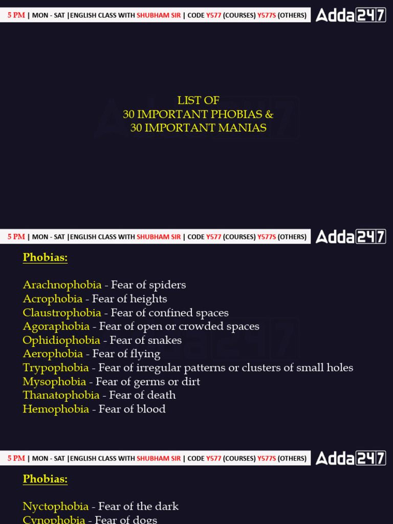 List of 30 Phobias & Manias | PDF | Fear | Mania