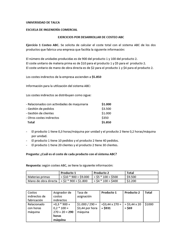 Ejercicios Por Desarrollar de Costeo ABC | PDF | Economias | Business