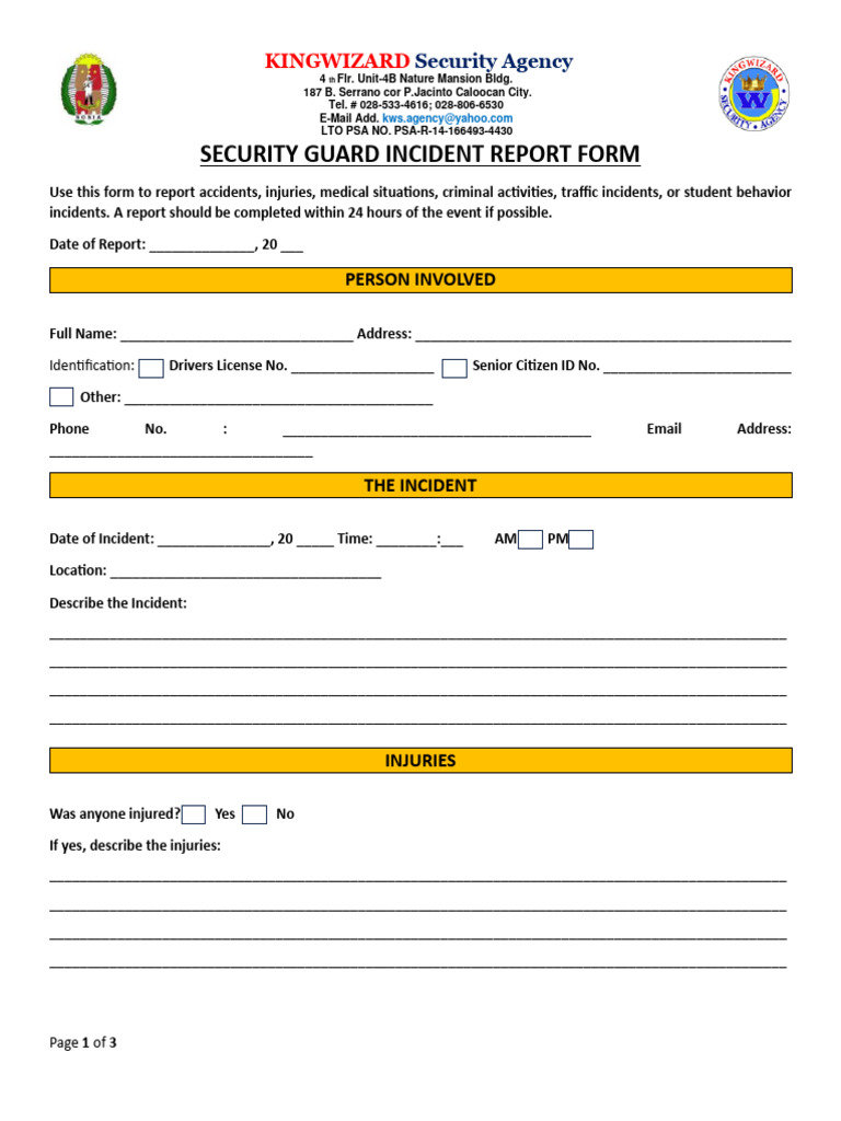Security Guard Incident Report Form | PDF | Crimes | Crime & Violence