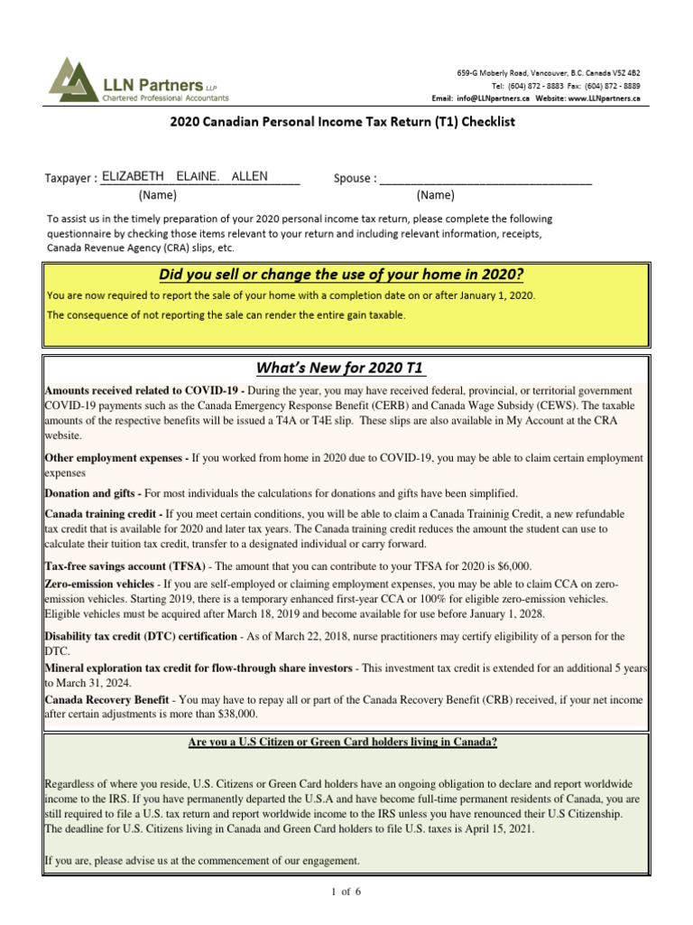 B - 2020 T1 Checklist (E) | PDF | Tax Deduction | Capital Gain