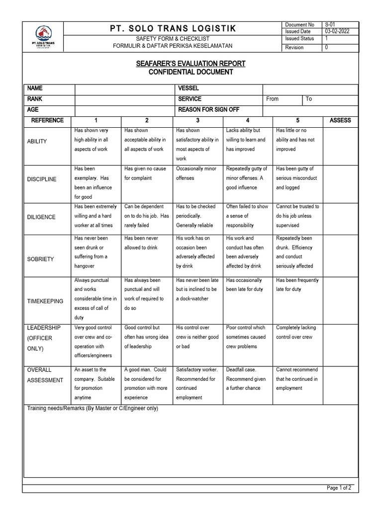 Seafarer's Evaluation Report Template | PDF