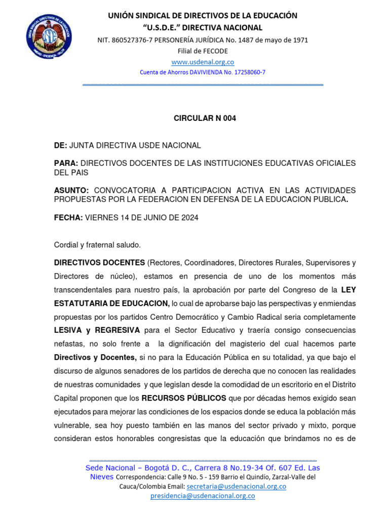 CIRCULAR N 004 DE 2024 - USDE NACIONAL | PDF | Enseñando | Sindicato