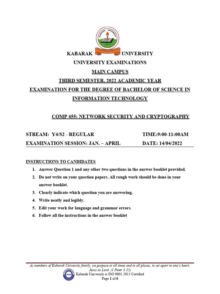 COMP 455 NETWORK SECURITY AND CRYPTOGRAPHY - Kabarak University | PDF | Internet Protocols ...