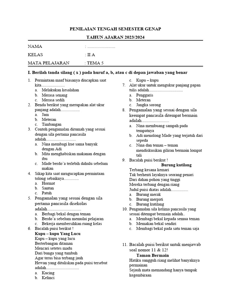 PTS Tema 5 Kelas Ii | PDF