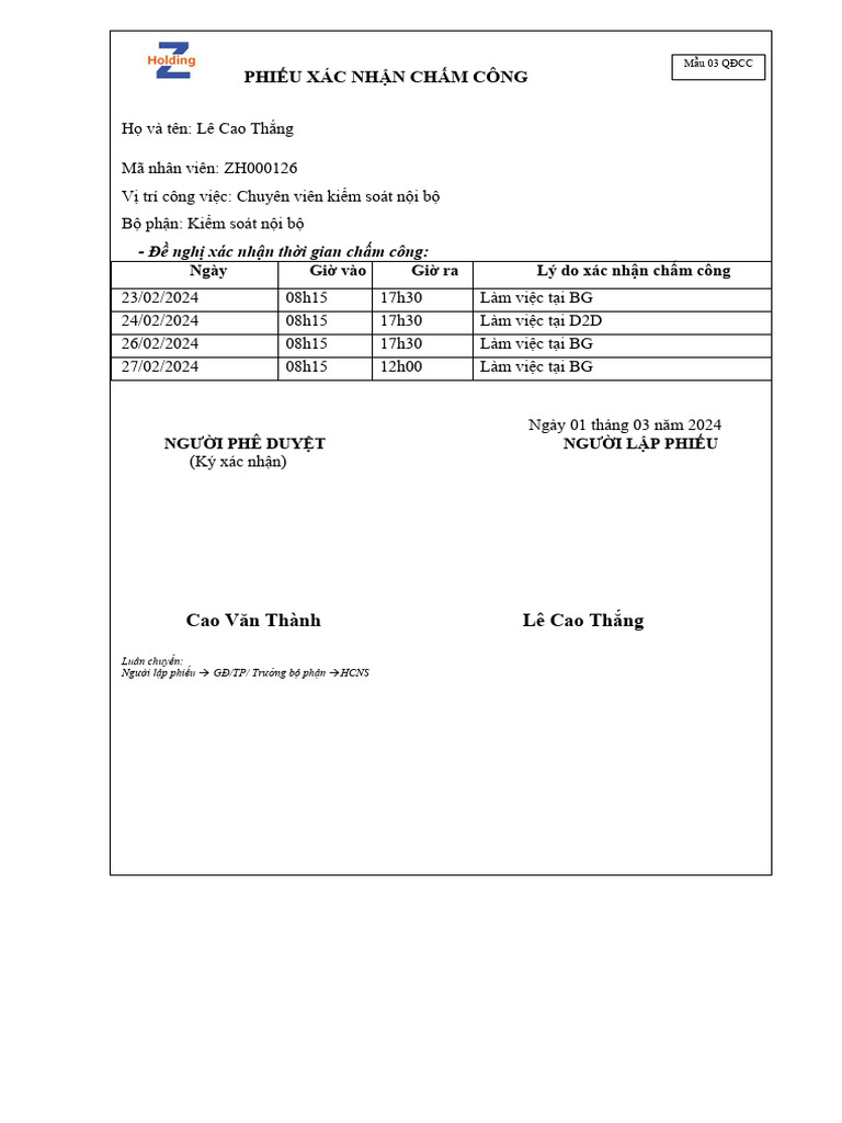 Nguyễn Ngọc Diệp - ZH000125 - Phieu xac nhan cham cong | PDF