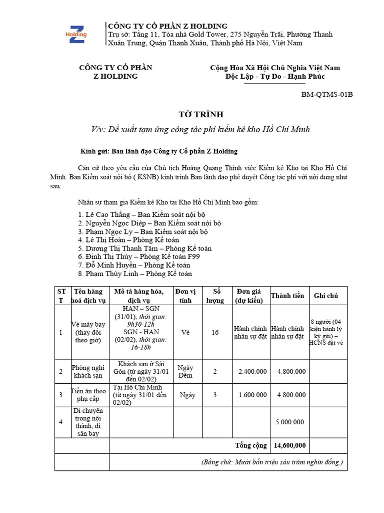 Tờ trình công tác phí KSNB-Kế toán | PDF