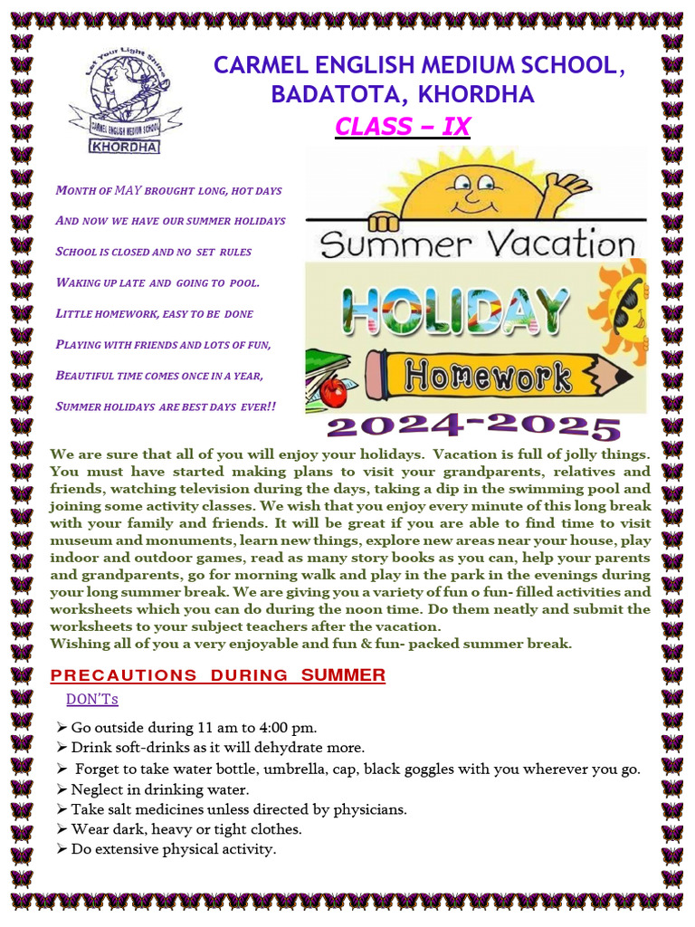 STD Ix Summer Holidays Homework 2024 25 | PDF | Communication