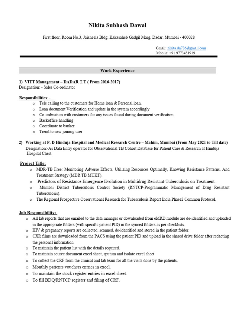 Nikita Resume Updated 2023 | PDF | Tuberculosis | Health Care