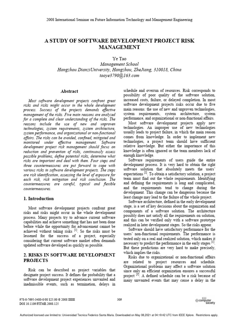 (4pp) A Study of Software Development Project Risk Management (Tao FITME'2008) | PDF | Risk ...