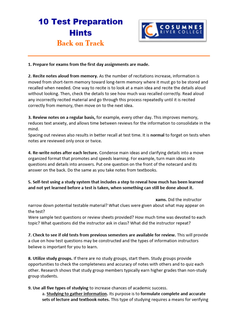 10 Best Test Preparation Hints | Download Free PDF | Memory | Learning