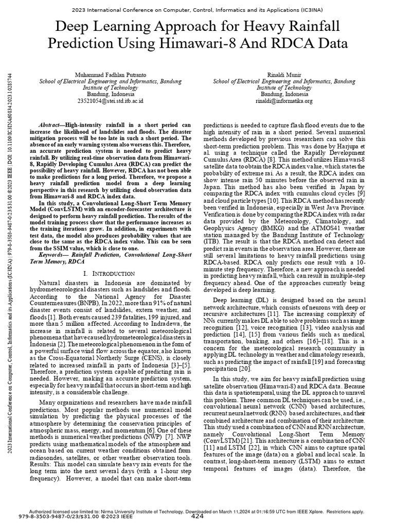 Deep Learning Approach For Heavy Rainfall Prediction Using Himawari-8 and RDCA Data | PDF ...