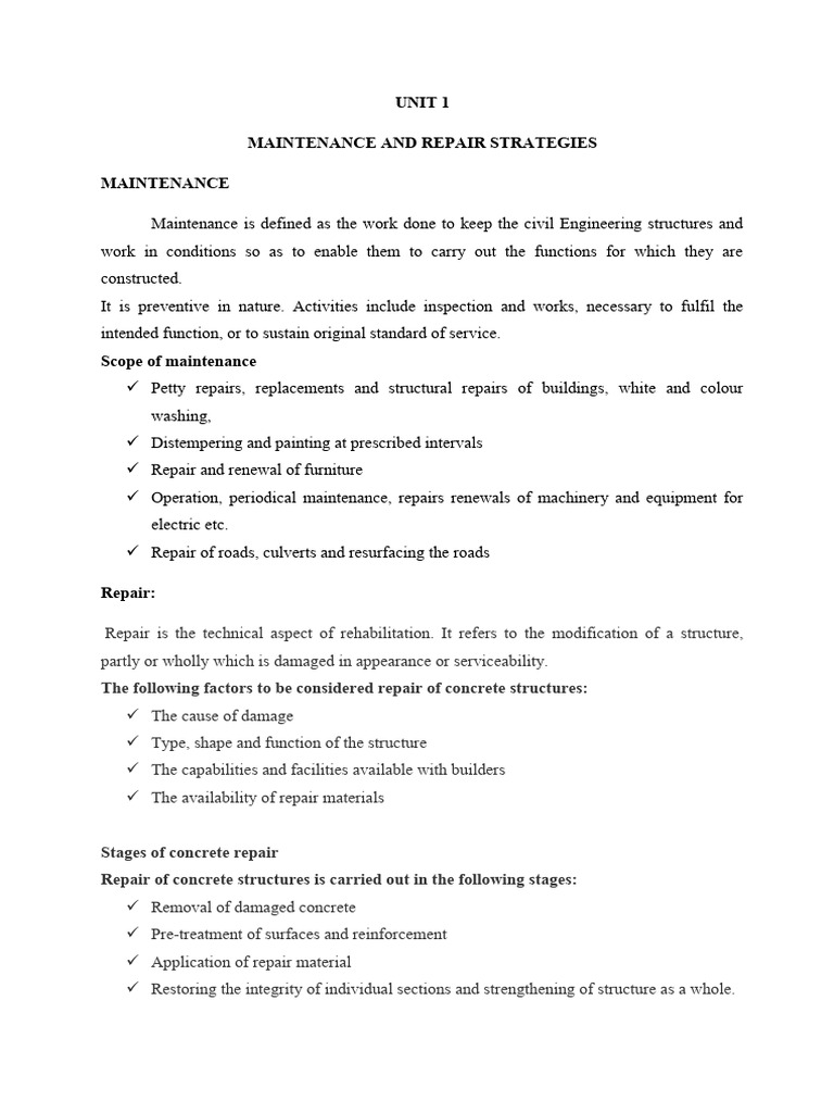 Unit 1 Maintenance and Repair Strategies | Download Free PDF | Concrete ...