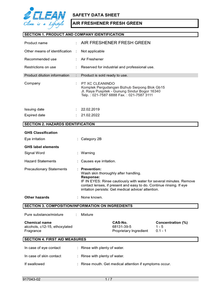 Air Freshener FG MSDS - English | PDF | Toxicity | Dangerous Goods