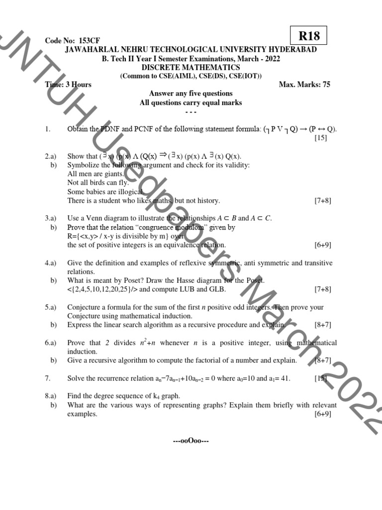 Discrete Mathematics Exam Paper - JNTUH | PDF | Mathematics | Algorithms