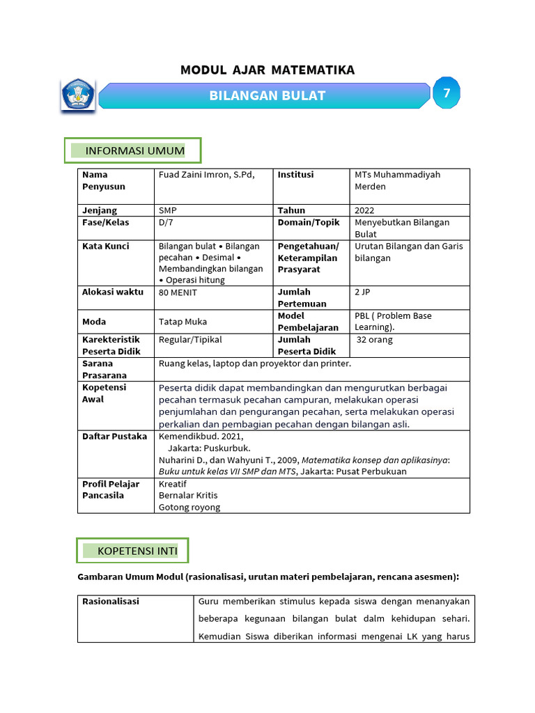 Modul Ajar Bilangan Bulat 1 Pdf