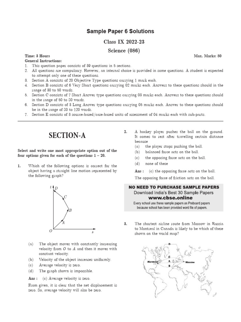 CBSE Class 9 Science Sample Paper Solutions | PDF | Tissue (Biology) | Force