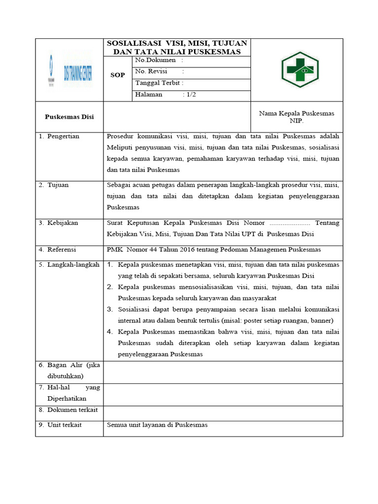 Sop. Sosialisasi Visi, Misi, Tujuan Dan Tata Nilai | PDF | Karier & Perkembangan