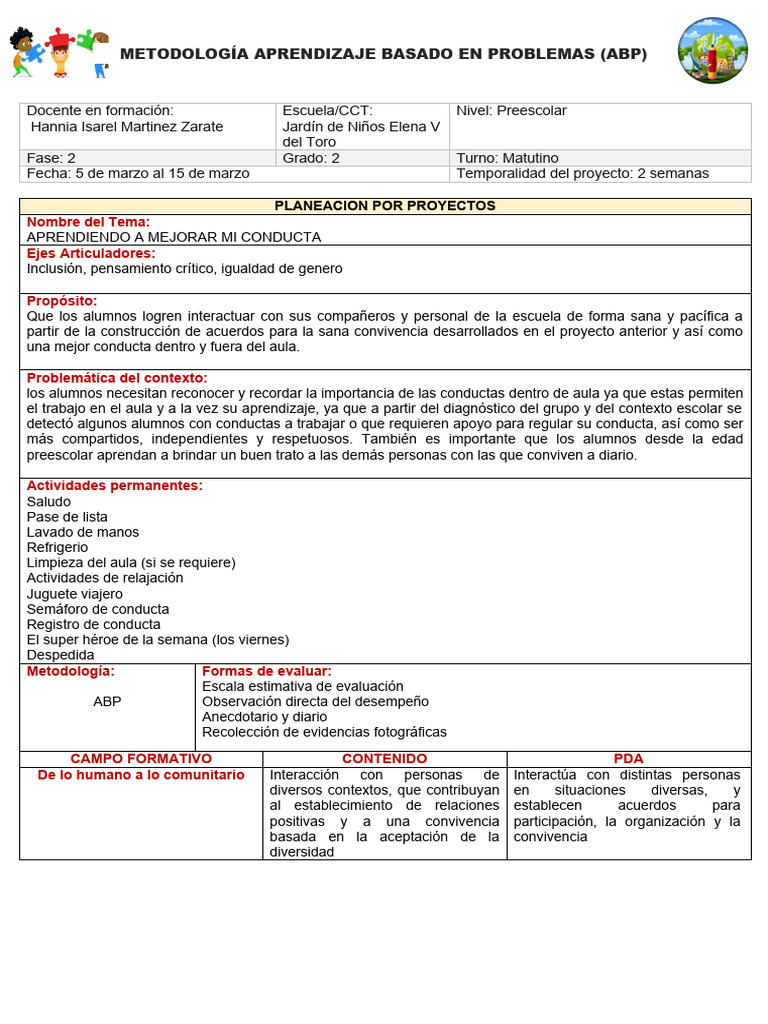Formato Planeación Aprendizaje Basado en Problemas | PDF | Educación de la primera infancia ...