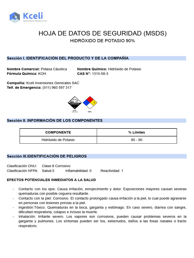 MSDS KOH | Descargar gratis PDF | Agua | Corrosión