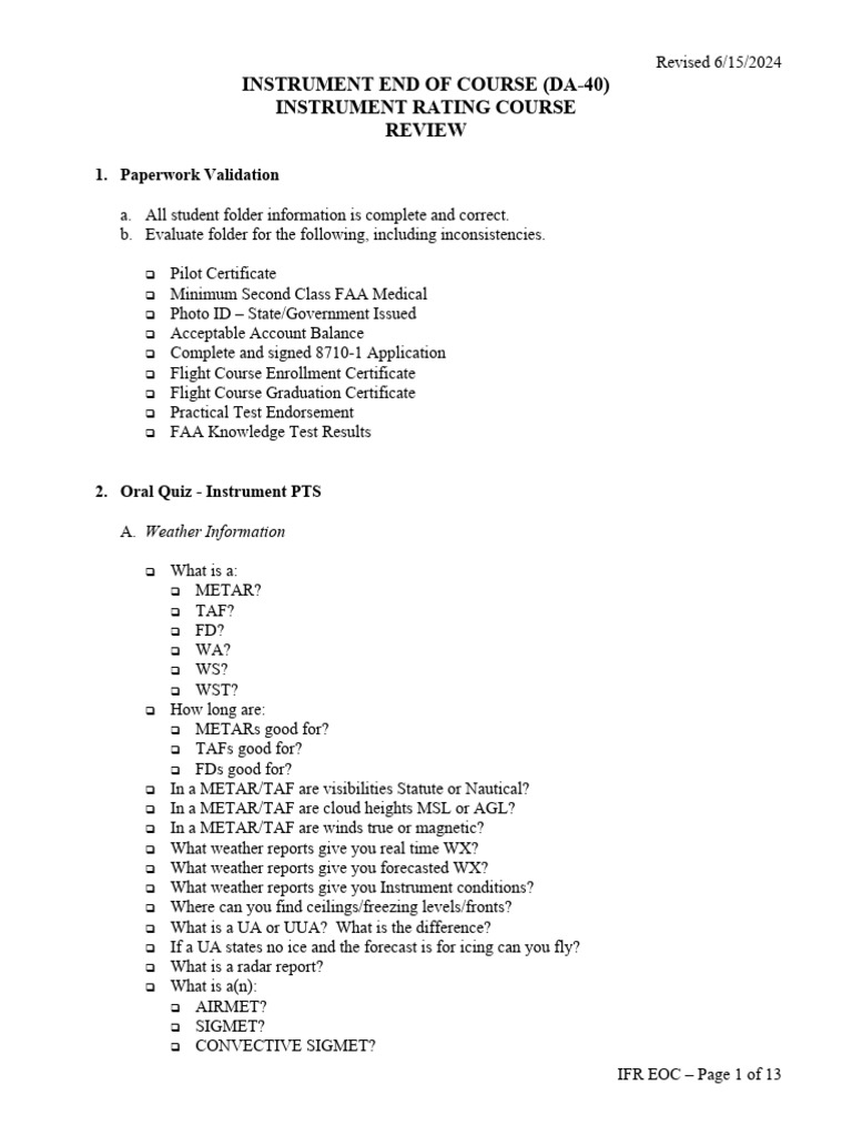 Instrument Rating Course Review Checklist | PDF | Airspeed | Instrument ...