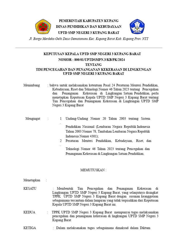 SK Tim Pencegahan Dan Penanganan Kekerasan Di Lingkungan Satuan Pendidikan | PDF