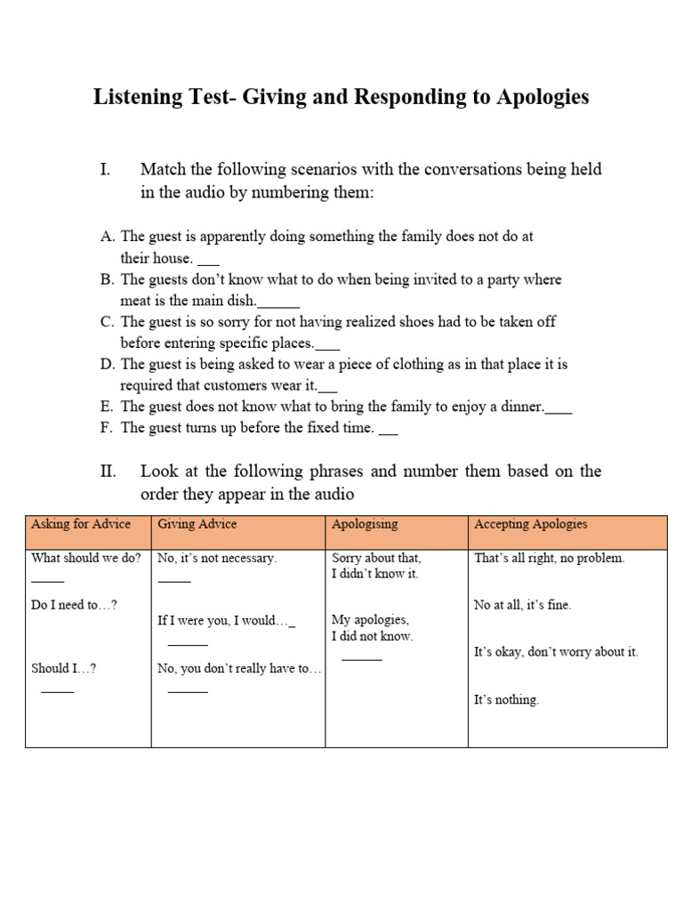 Listening Test: Apologies and Responses | PDF