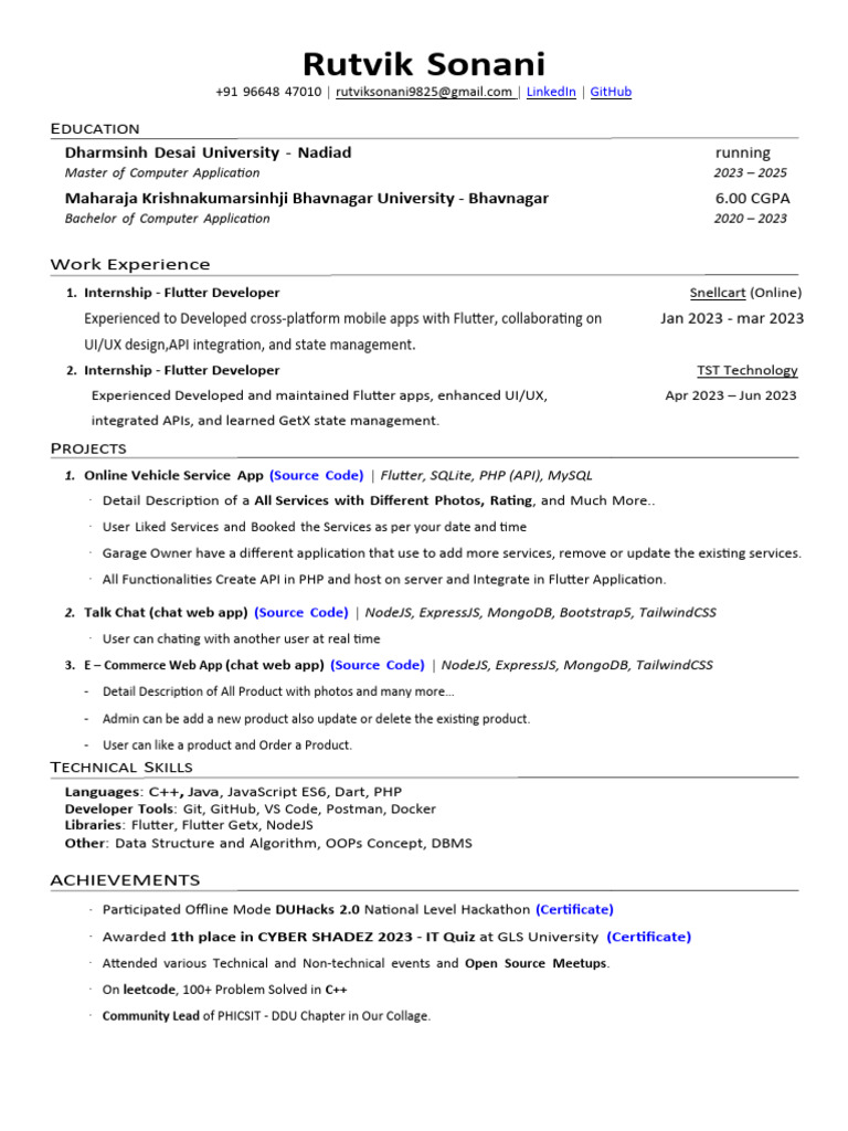 Rutvik Sonani Resume | PDF | Mobile App | Web Application