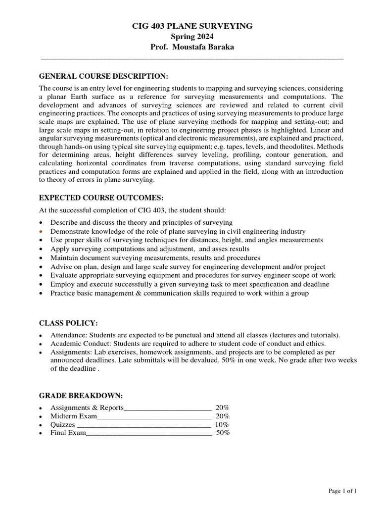 CIG 403 Plane Survey Course Outline Spring 2024 (Other) | PDF ...