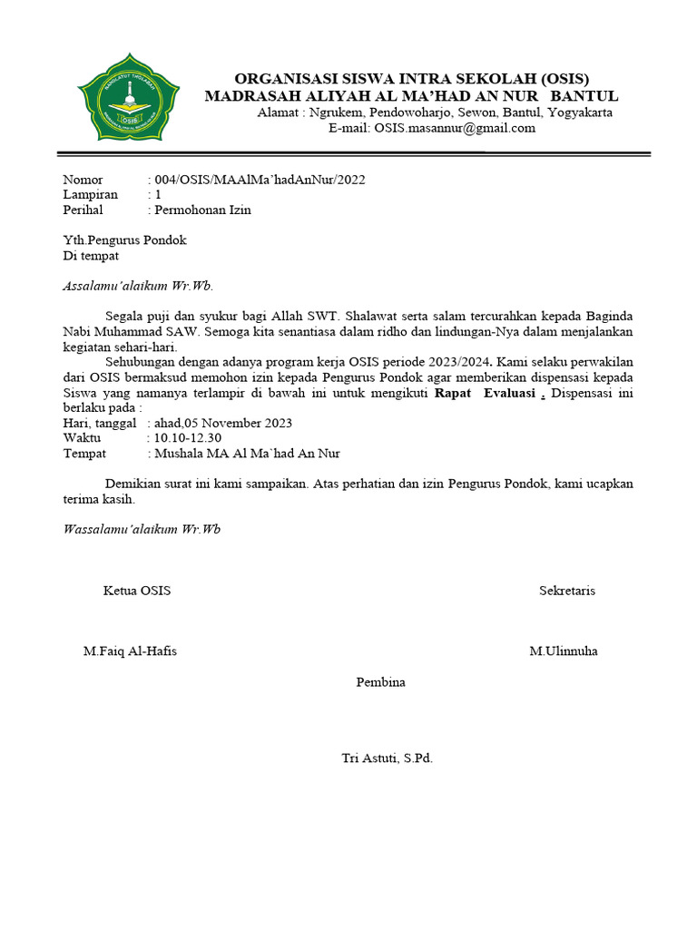 surat izin pondok | PDF