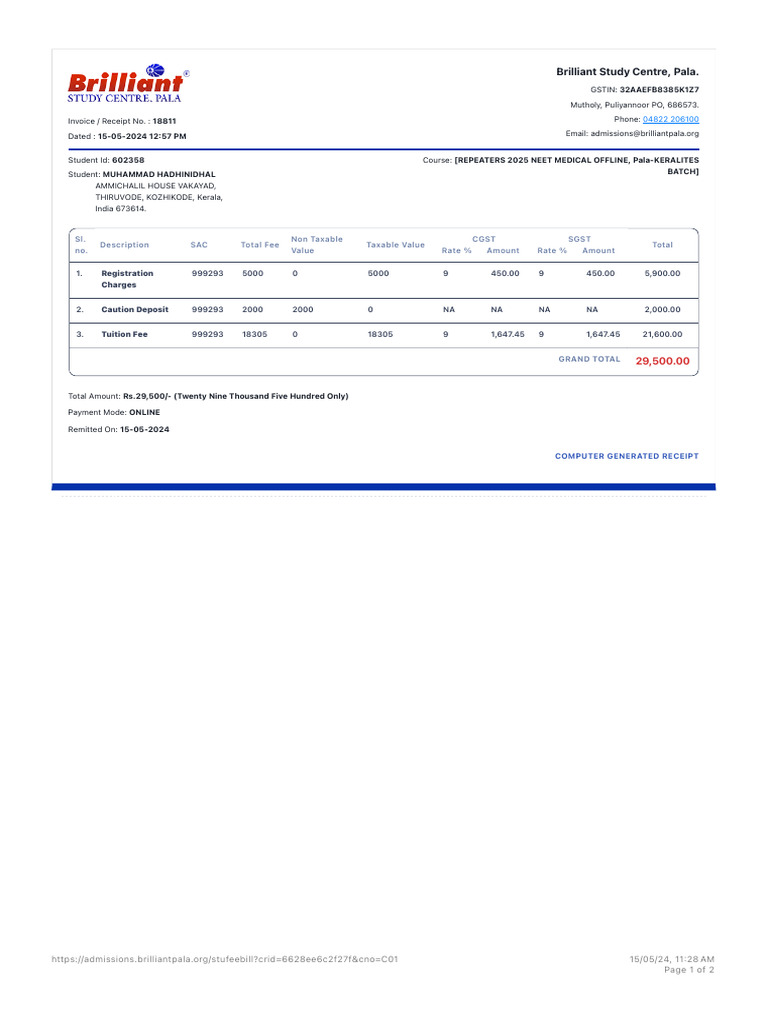 Brilliant Study Centre, Pala | Download Free PDF | Receipt | Services ...