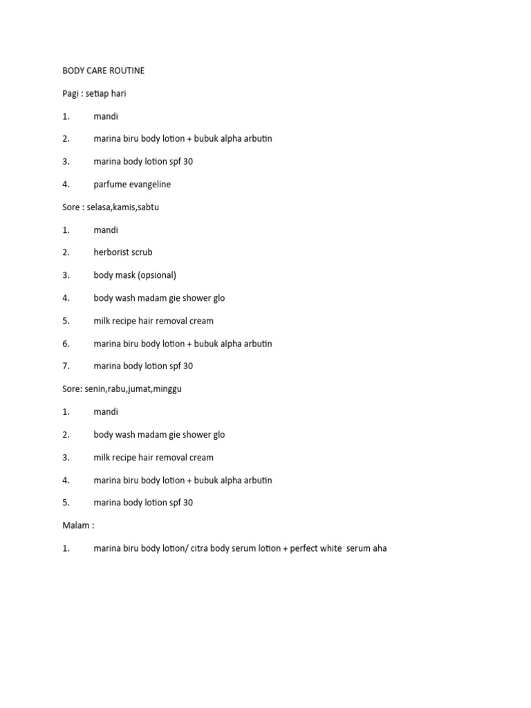 Daily Body Care Routine Guide | PDF | Self-Improvement | Wellness