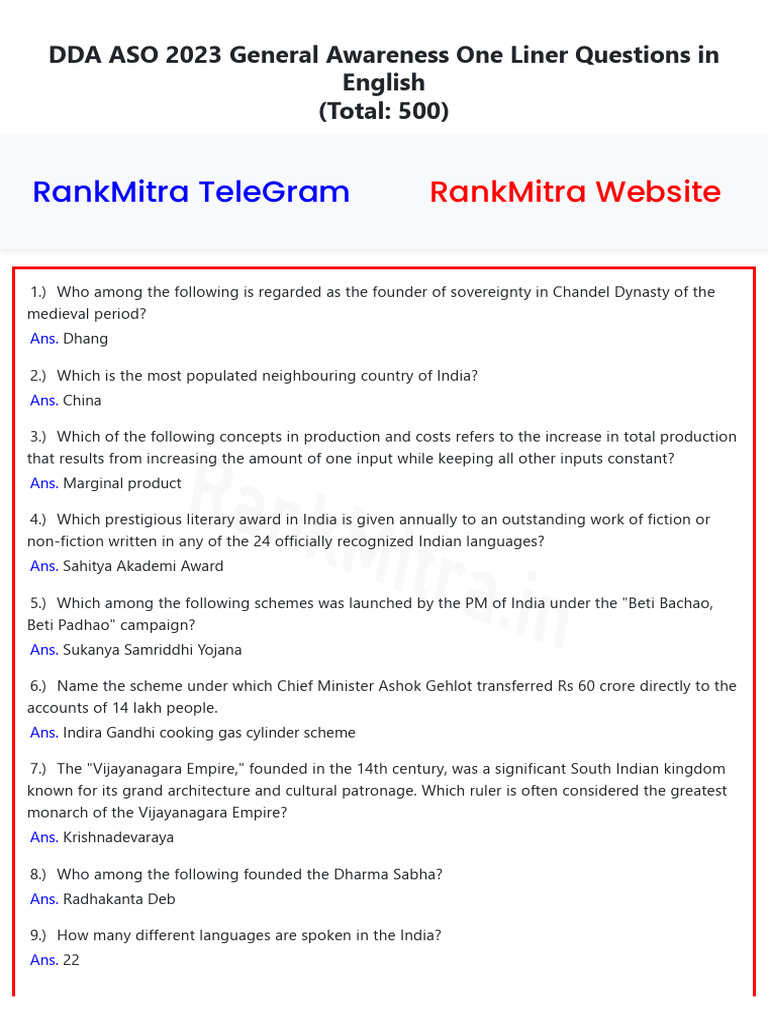 DDA ASO 2023 General Awareness One Liner Questions in English | PDF ...