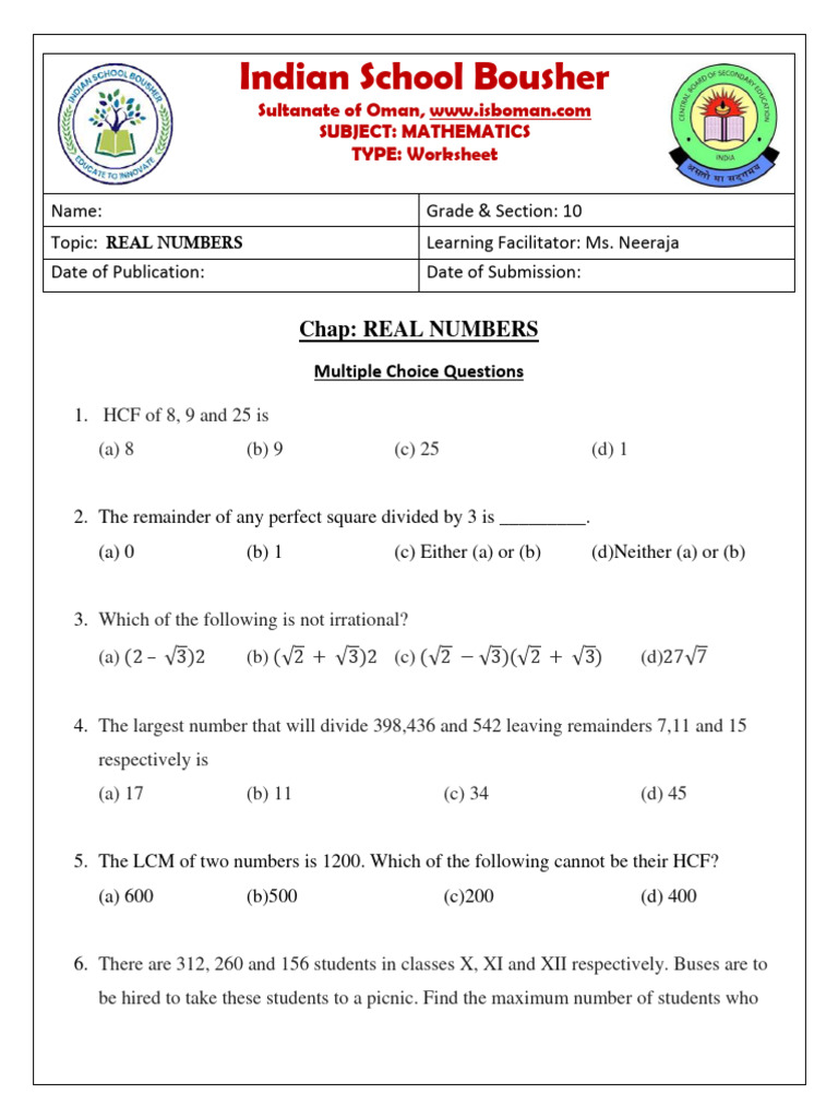 G10_WS_Real Numbers | Download Free PDF | Numbers | Mathematical Concepts