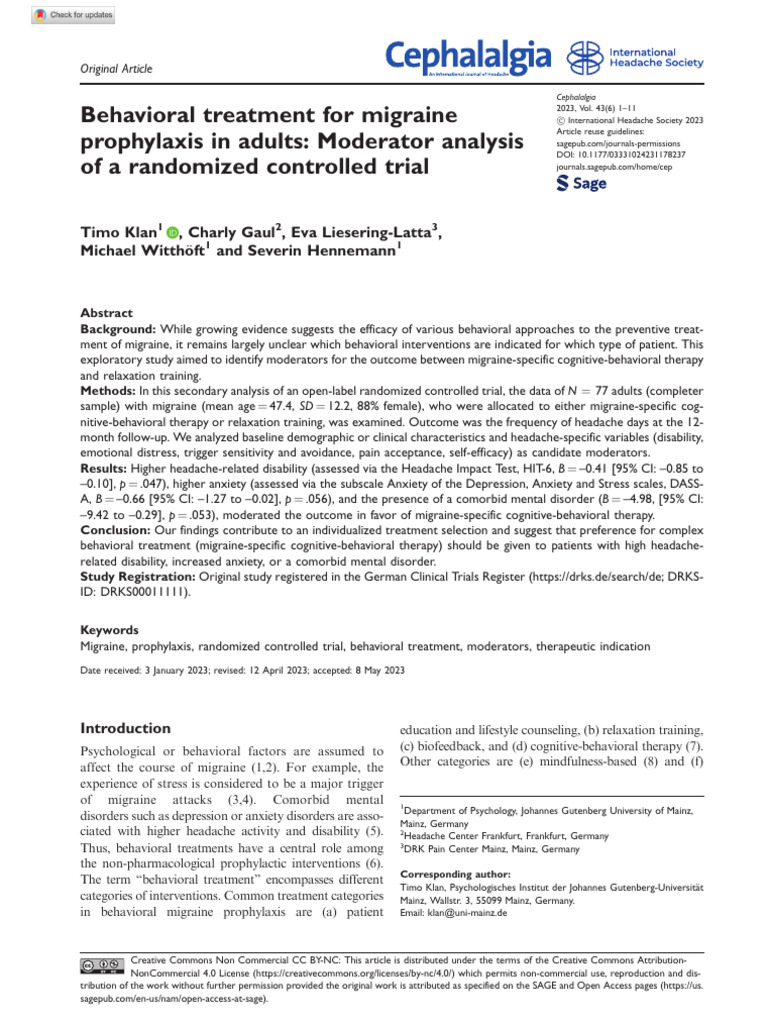 Klan Et Al 2023 Behavioral Treatment For Migraine Prophylaxis in Adults ...