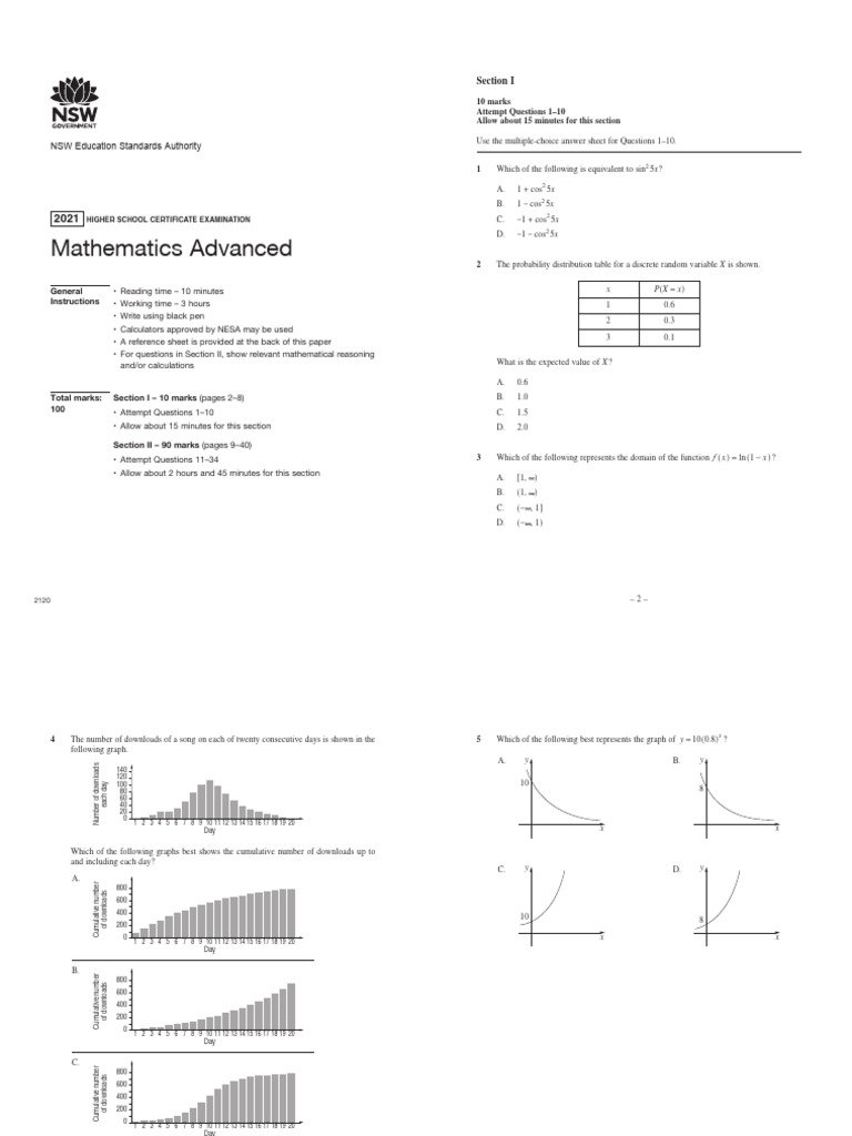 2021 HSC Mathematics Advanced 2 | PDF | Area | Linear Regression