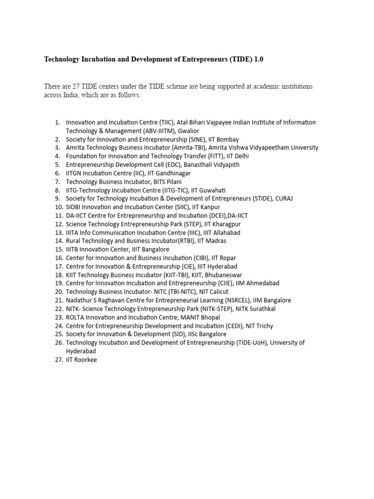 Technology Incubation and Development of Entrepreneurs (TIDE) | PDF