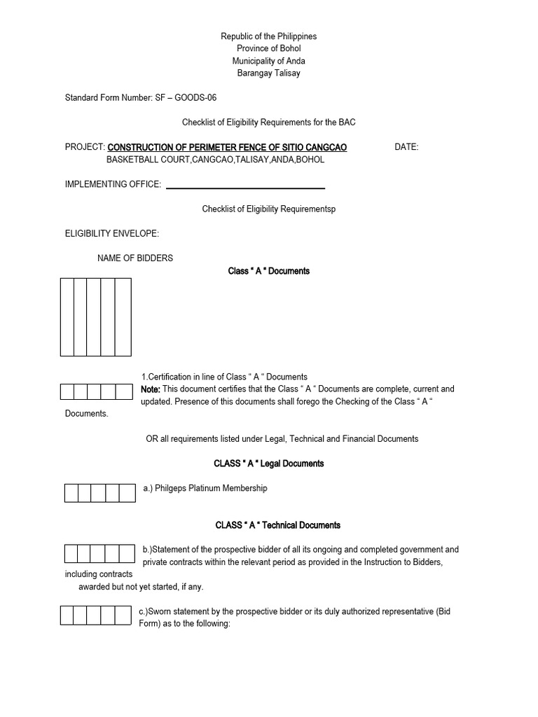 Checklist of Eligibility Requirements for the BAC-Goods | PDF