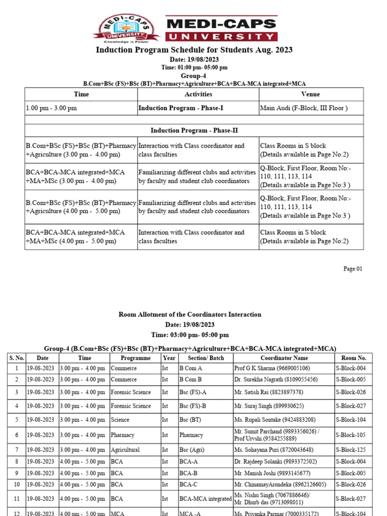 Induction Program Schedule for Group_G4 | PDF