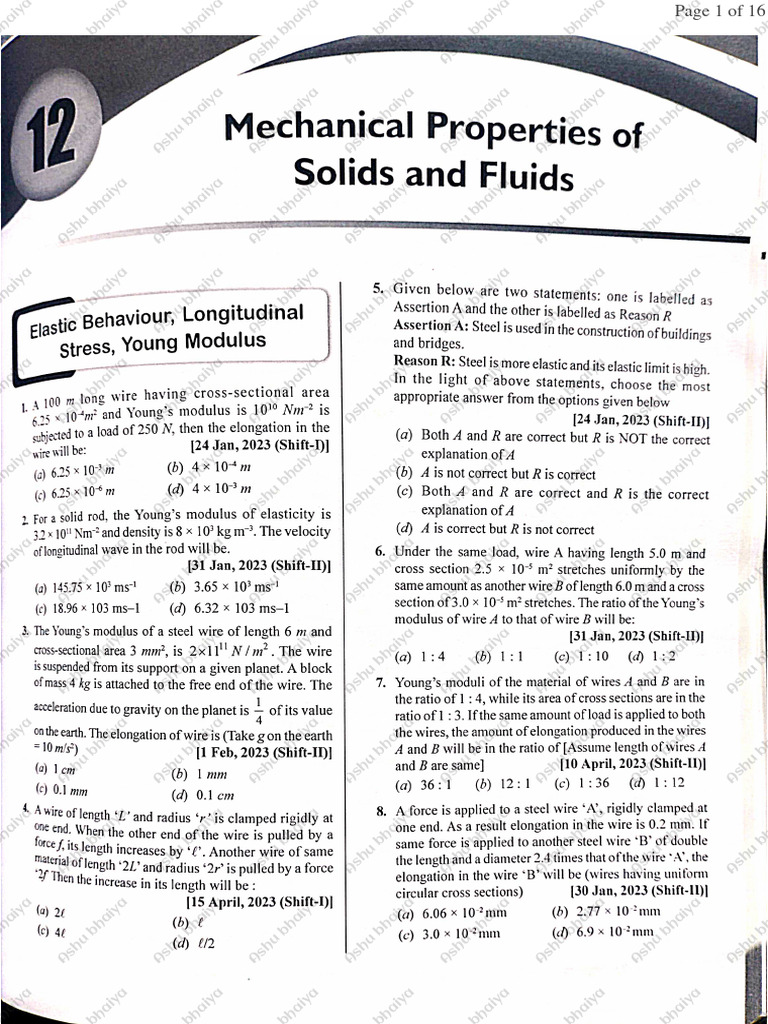 Mechanical Properties of Solids and Fluids 5 Year Pyq | PDF
